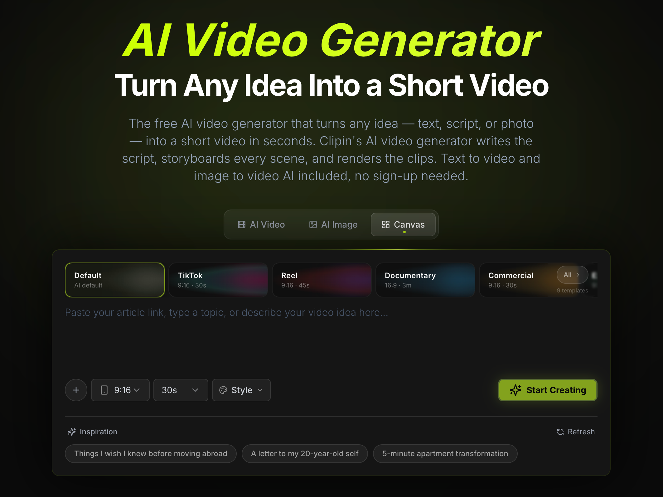 Free AI Video Generator · Any Idea to Short Video | Clipin